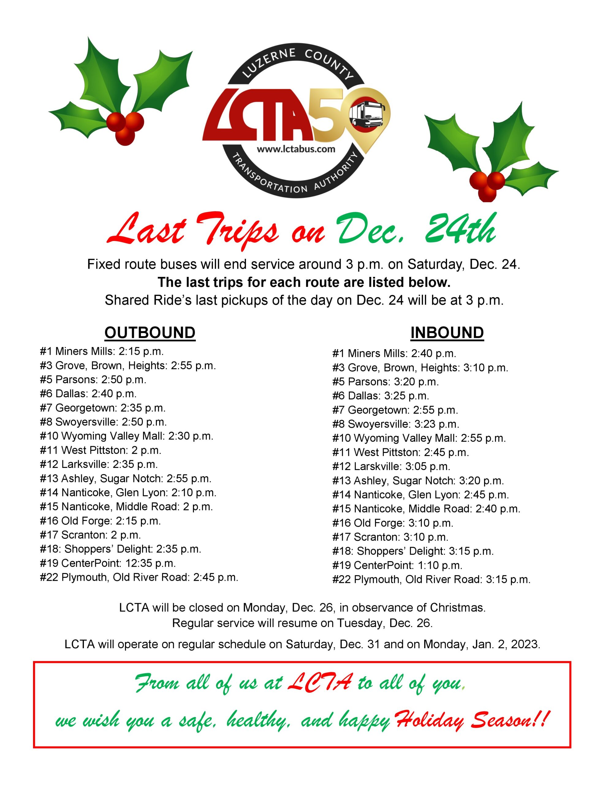 Holiday Hours 2022 – LCTA